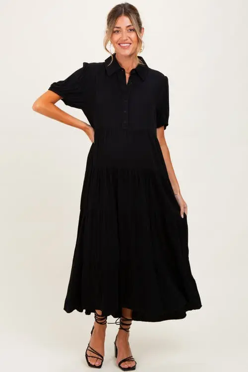 PINKBLUSH Collared Button Down Tiered Midi Dress