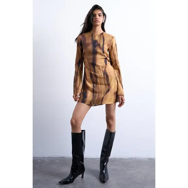 Topshop Waisted Abstract Print Long Sleeve Minidress