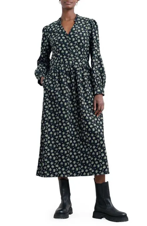SEASALT CORNWALL Rose Cottage Floral Long Sleeve Corduroy Midi Dress - Smudge Floral Onyx