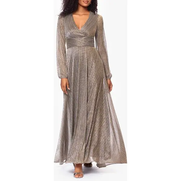 Betsy & Adam Metallic Wrap Bodice Long Sleeve Gown