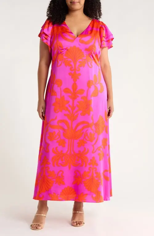 SUGARLIPS Vallie Floral Flutter Sleeve Satin Maxi Dress