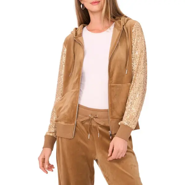 Vince Camuto Sequin Sleeve Hoodie - Camel