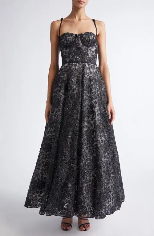Giambattista Valli Sequin Floral Embroidered Corset A-line Dress