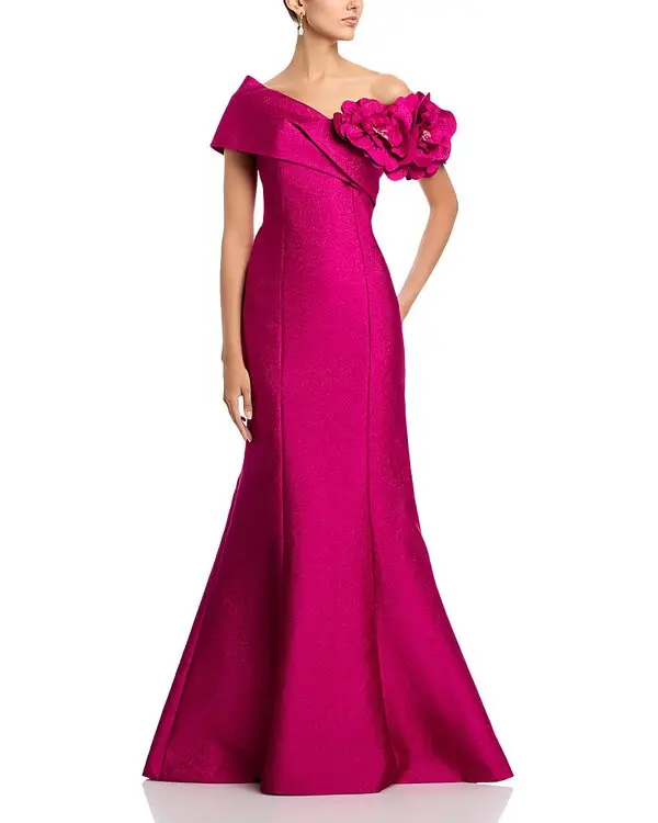 Rickie Freeman For Teri Jon Pebble Jacquard 3d Flower Gown