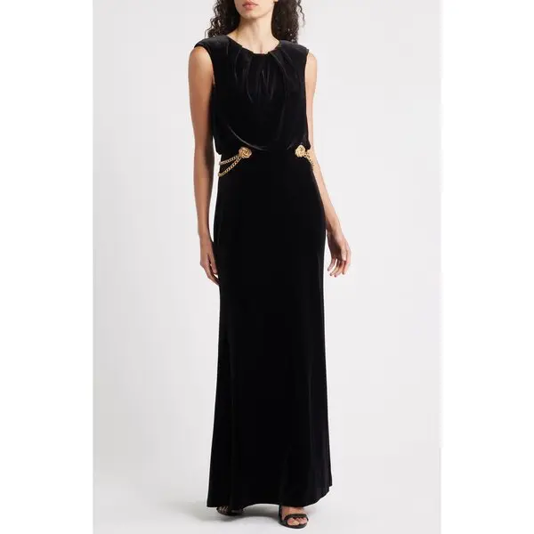 Vince Camuto Chain Detail Draped Velvet Gown