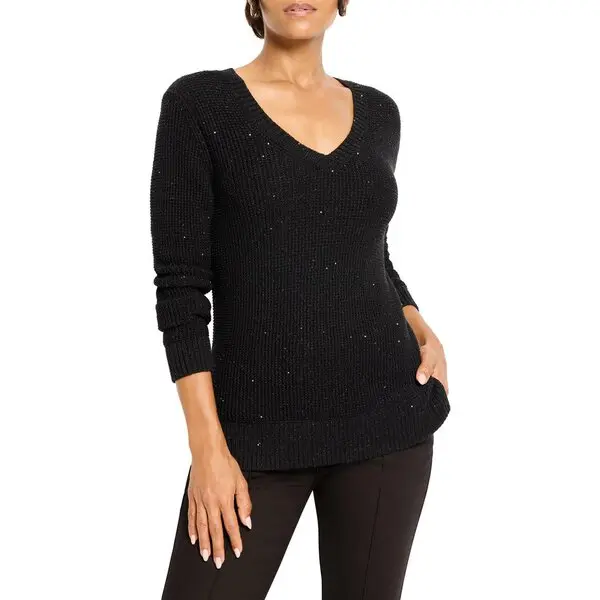 NIC+ZOE Shimmer V-neck Waffle Stitch Sweater - Black Onyx