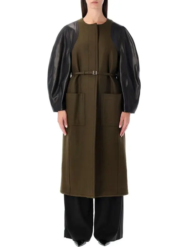 Fendi Wool Midi Coat With Leather Sleeves
