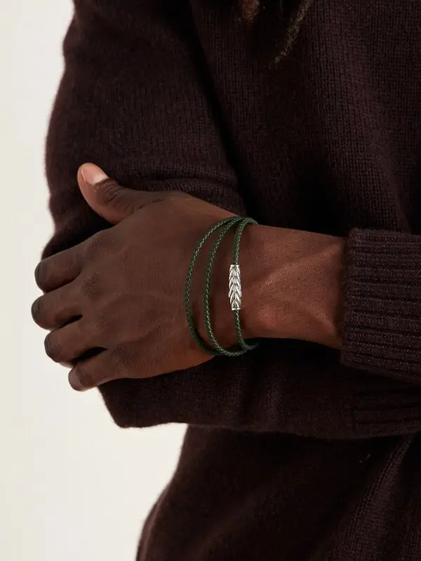 David Yurman Chevron Braided Leather And Sterling Silver Wrap Bracelet - Green