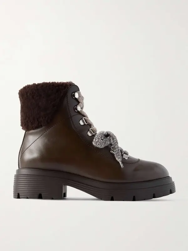 STUART WEITZMAN Hudson Lite Shearling-lined Leather Ankle Boots - Dark Brown