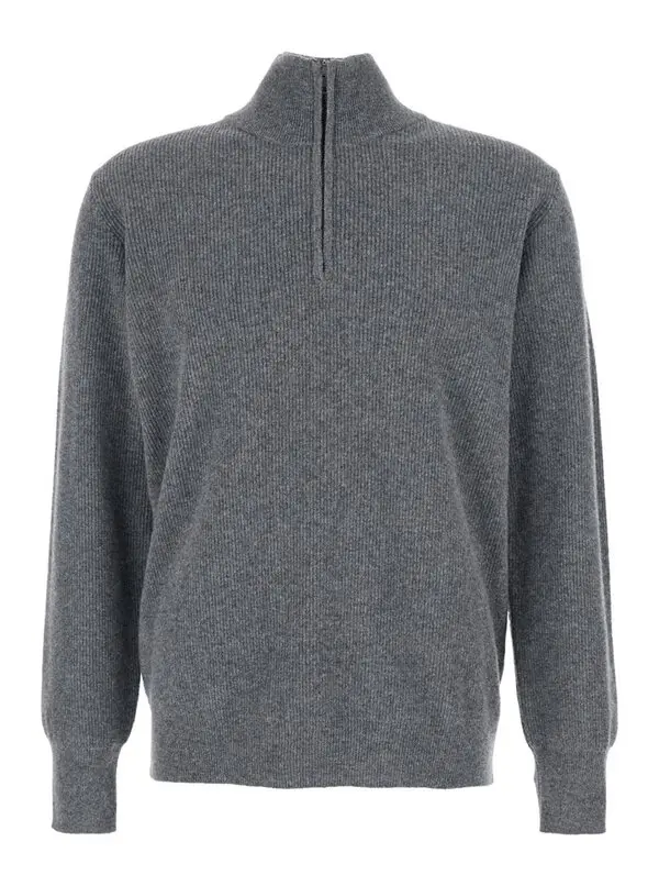 ROBERTO COLLINA Ribbed Knit Sweater With High Neck And Half Zip Closure In Wool