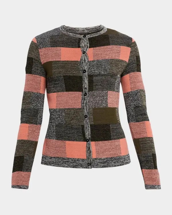 Lafayette 148 New York Colorblock Marled Check Jacquard Knit Cardigan
