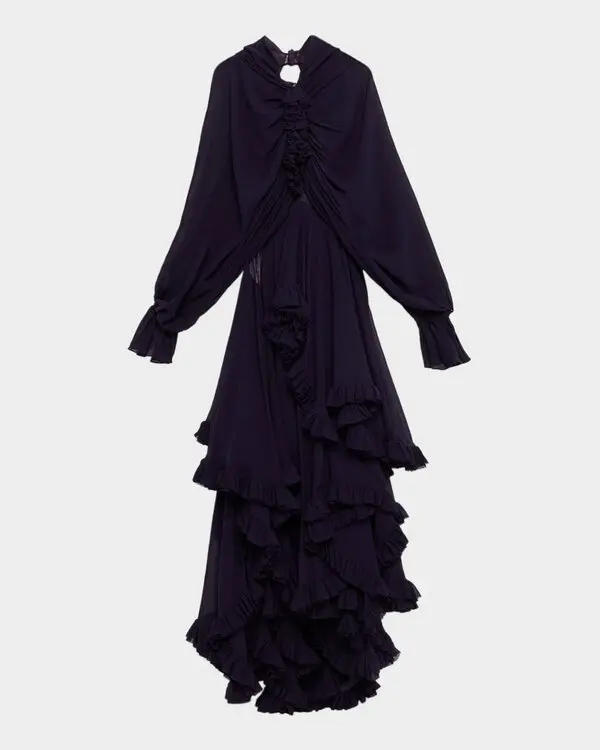 Alexander McQueen Draped Open-back Ruffle Cape Gown