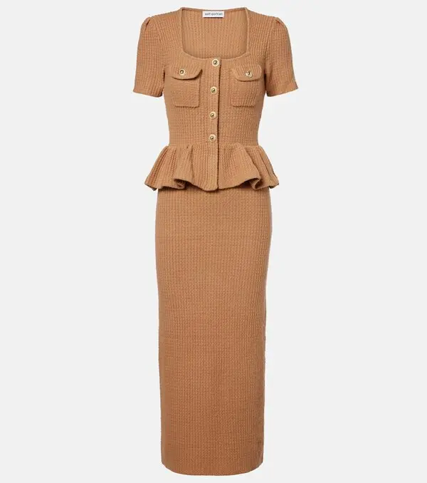 SELF-PORTRAIT Peplum Waffle-knit Midi Dress