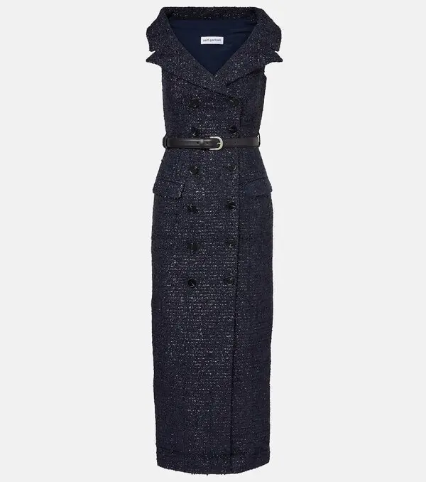 SELF-PORTRAIT Belted Bouclé Midi Dress