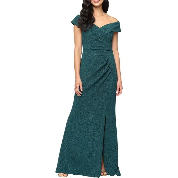 Alex Evenings Off The Shoulder Stretch Metallic Jacquard Gown