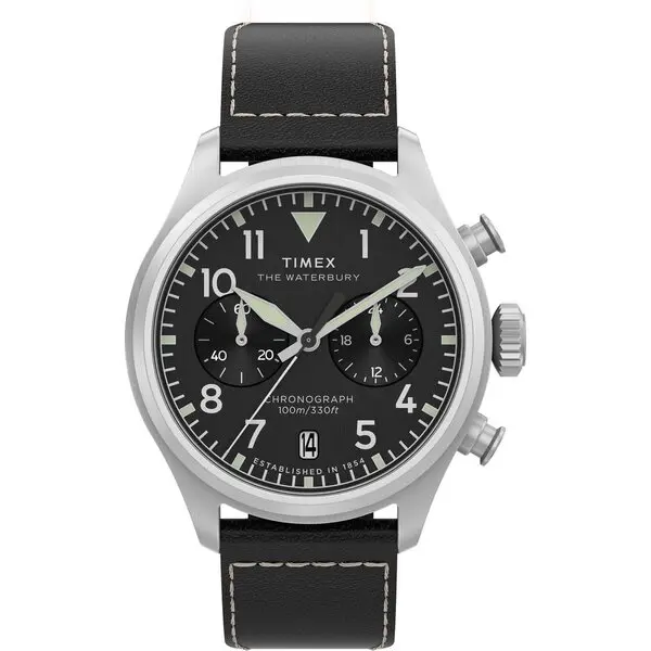 TIMEX® Waterbury Ace Chronograph Leather Strap Watch