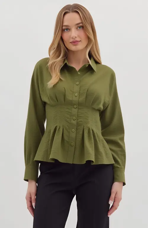 MODENAIRE Peplum Button-up Blouse With Long Sleeves And Structured Waist