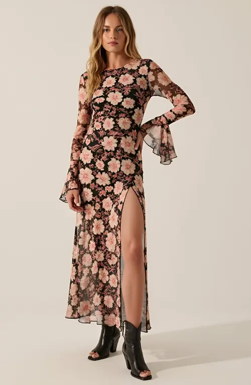 MODENAIRE Maxi Dress With Trumpet Sleeves, Drop Waist And Asymmetrical Slit Skirt