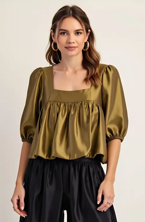 MODENAIRE Gathered Bubble Hem Puff Sleeve Square Neck Top