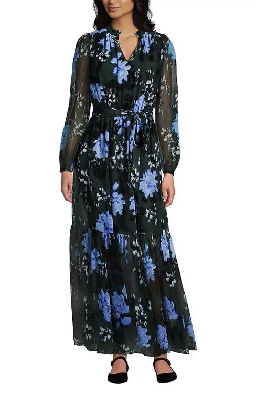 LANDS' END Chiffon Tiered Long Sleeve Maxi Dress - Evening Forest Painted Floral