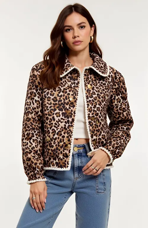 MODENAIRE Button-front Contrast Trim And Collar Jacket - Leopard Print