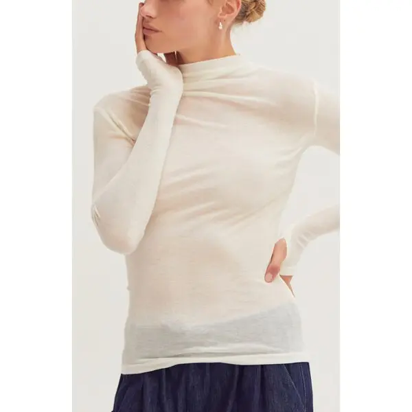 CRESCENT Mock Neck Semi Sheer Knit Top - Cream