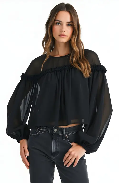 MODENAIRE Sheer Long Sleeve Blouse With Ruffled Trim And Flowing Silhouette - Black
