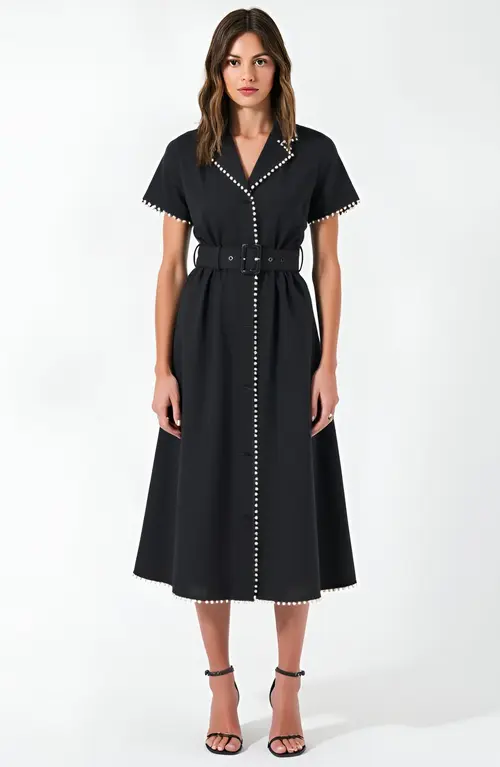 MODENAIRE Short Sleeve Collared Midi Dress With Pearl Details And Statement Belt - Black