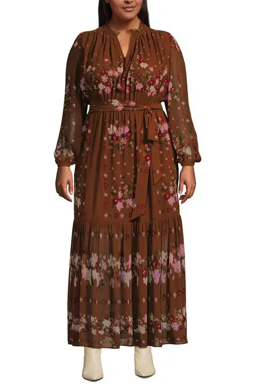 LANDS' END Chiffon Tiered Long Sleeve Maxi Dress - Rich Ginger Floral Stripe