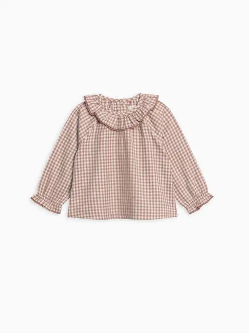 KENDI Shirley Poplin Ruffle Collar Shirt - Mauve Gingham