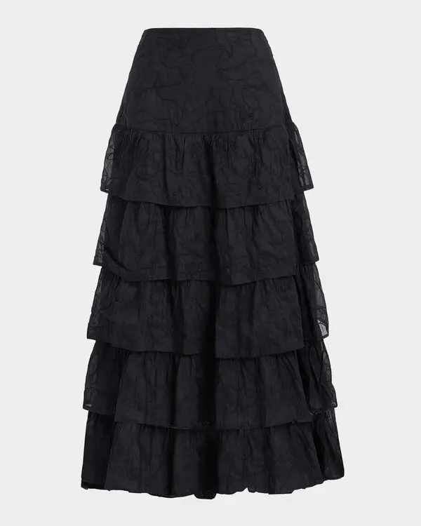 MARIE OLIVER Christie Embroidered Ruffle Tiered Midi Skirt