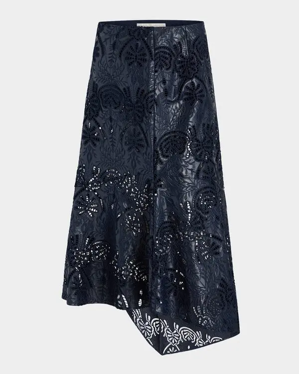 MARIE OLIVER Casey Embroidered Cutout Asymmetric Midi Skirt