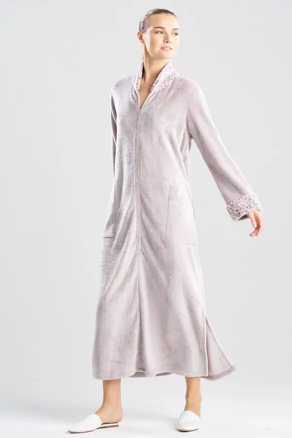 Natori Plush Lynx Mandarin Zip Lounger - Neutral