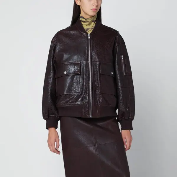 IVY OAK Leather Bomber Jacket With Zip - Brown