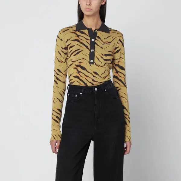 GANNI Khaki Zebra-print Polo