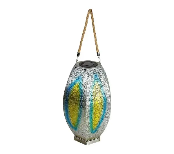 NORTHLIGHT 15.5' Silver Floral Solar Lantern Wi Th Jute Handle