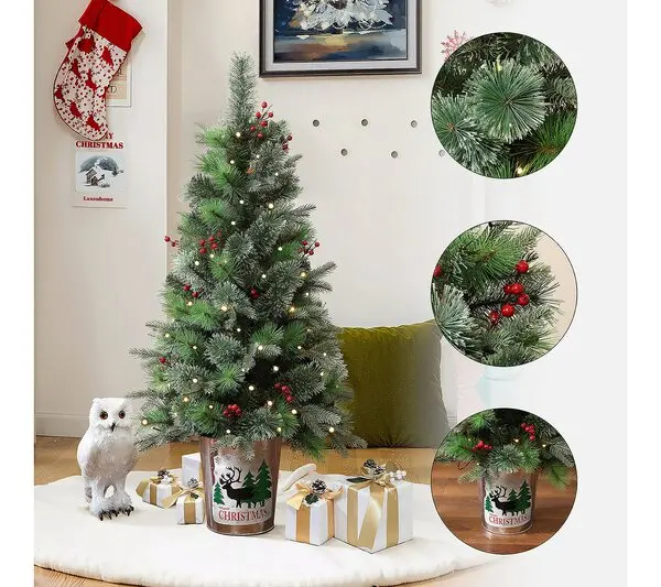 LUXEN HOME Luxenhome 4ft Pre-lit Artificial Xmas Tree Pott Ed With Berries