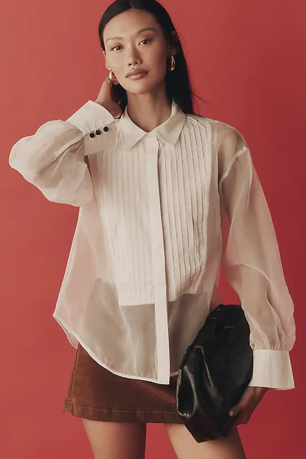 Anthropologie Sheer Cuffed Organza Buttondown Top