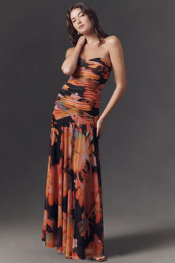 HUTCH Strapless Mesh Drop-waist Maxi Dress