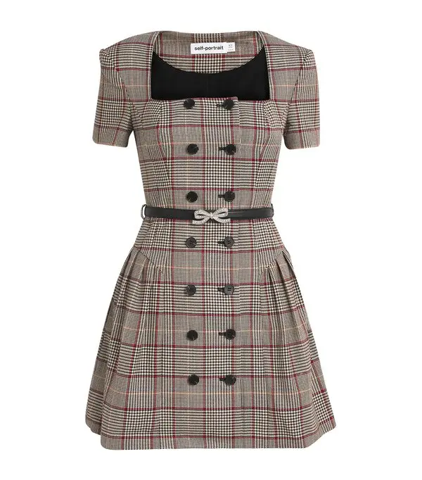 SELF-PORTRAIT Houndstooth Mini Dress - Brown