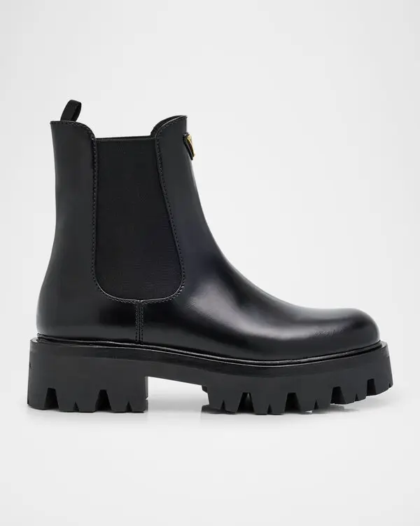 Prada Platform Triangle Logo Leather Chelsea Booties