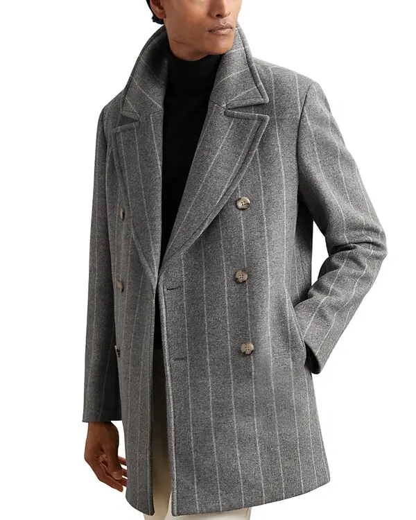 REISS Bergamo Chalk Stripe Double Breasted Wool Peacoat