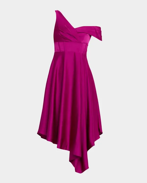 Theia Mirielle One-shoulder Satin Midi Dress
