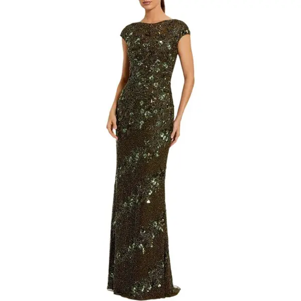 Mac Duggal Beaded High Neck Cap Sleeve Column Gown - Olive