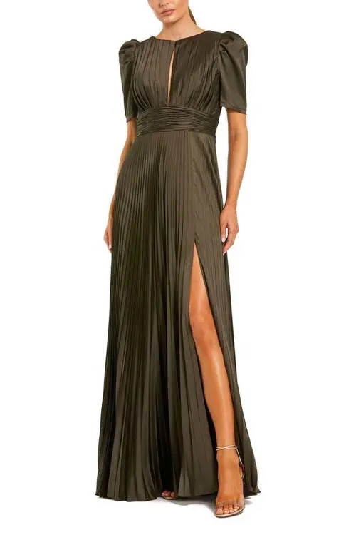Mac Duggal Pleated Charmeuse Puff Sleeve Evening Gown With Slit