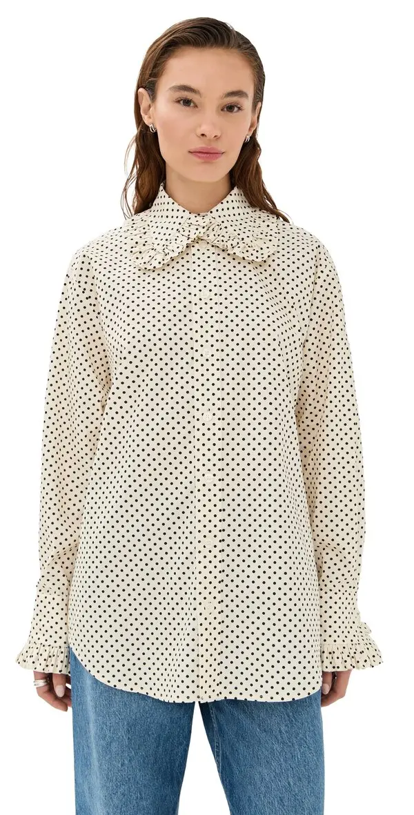 TANNER FLETCHER Pippa Polka-dot Ruffle Collar Button Down Shirt - Ivory/black Polka Dot