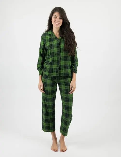 LEVERET Cotton Flannel Printed Holiday Pajama Set - Plaid Black & Green