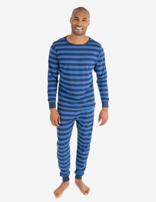LEVERET Cotton Printed Pajama Set - Striped Blue & Navy