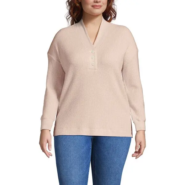 LANDS' END Long Sleeve Waffle Shawl Collar Henley - Blossom Heather