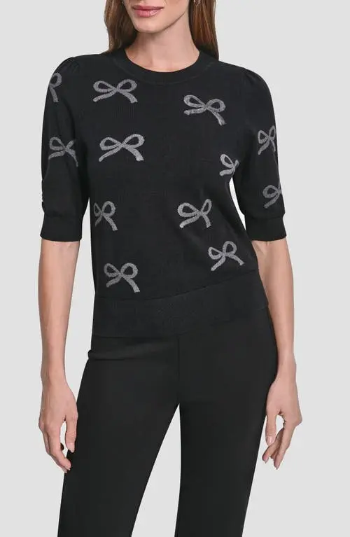 Dkny Sequin Bow Embellished Short Sleeve Cotton Blend Crewneck Sweater